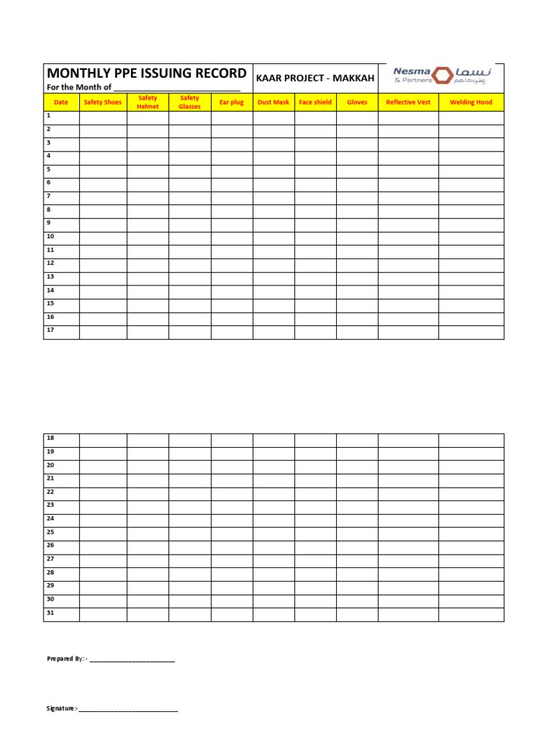 Monthly Ppe Issuing Record: Kaar Project - Makkah | PDF