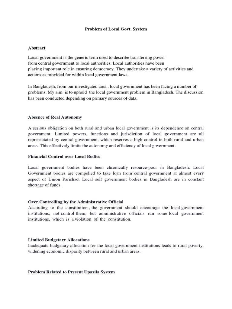 Problem of Local Govt. System: Absence of Real Autonomy | PDF | Local ...
