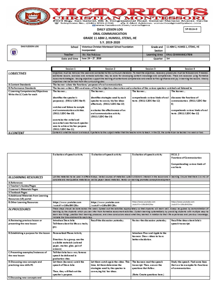 DLL Oral Comm Week 3 | PDF | Learning | Educational Assessment