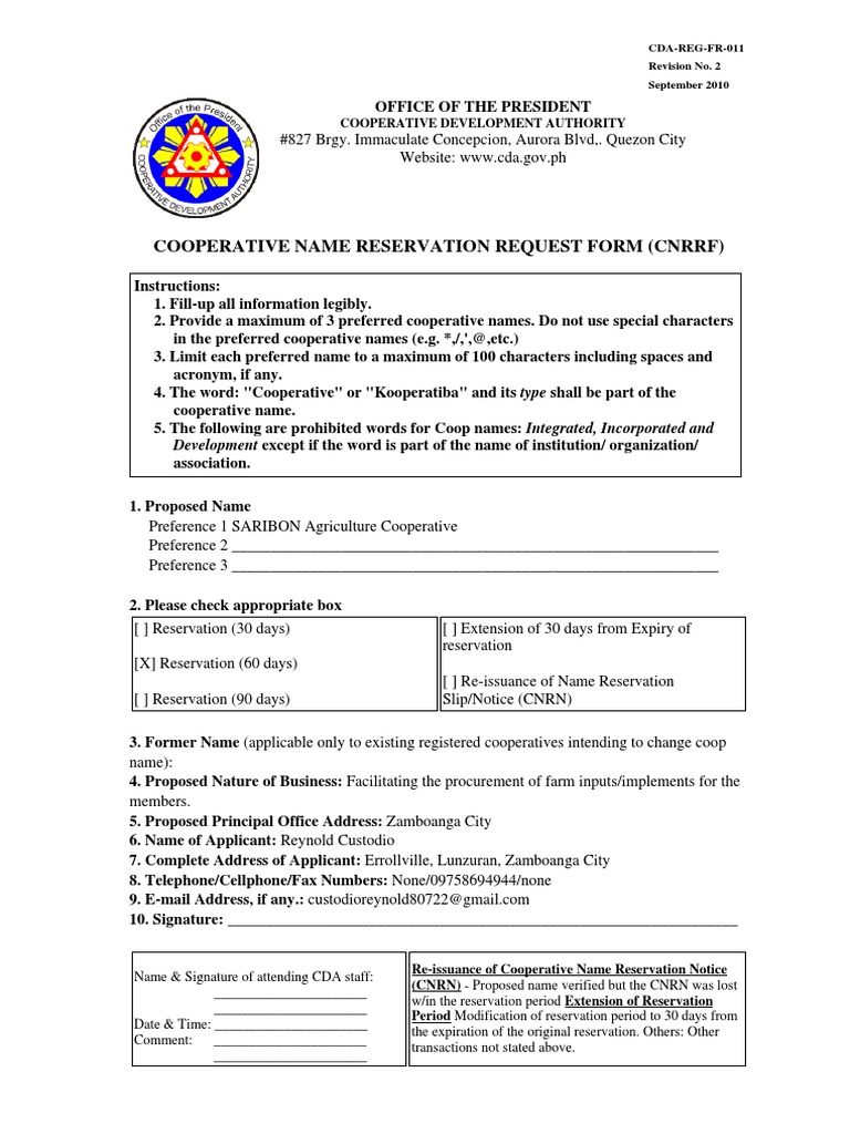 Cooperative Name Reservation Request Form (CNRRF) | PDF | Computing | Business