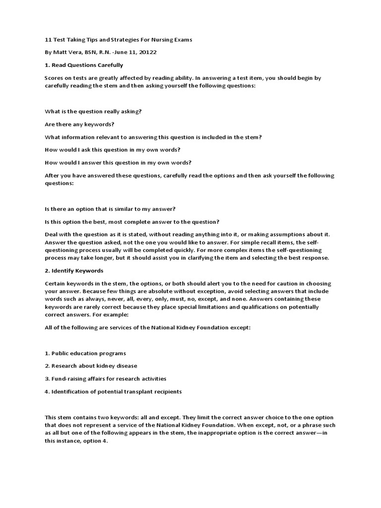 11 Test Taking Tips and Strategies For Nursing Exams | PDF | Question ...