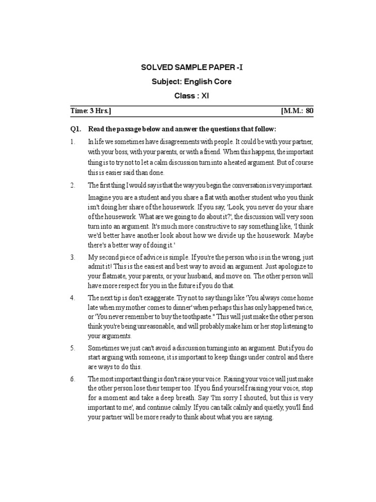 English Sample Paper For Class 11 2019 Paper 1 | PDF | Courage | Roommate