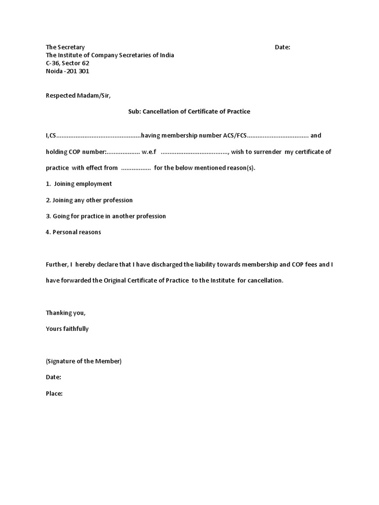 COP Cancellation Request Letter | PDF
