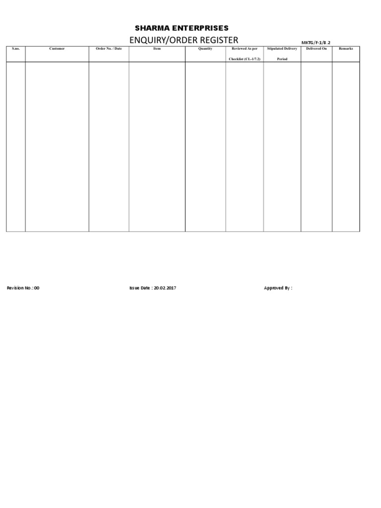 Enquiry/Order Register: Sharma Enterprises | PDF