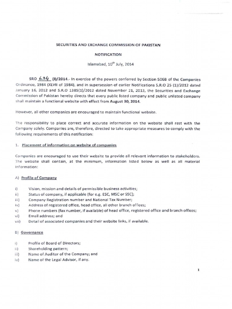 SRO 634 (I) of 2014 - Website Mandatory Requirements | PDF