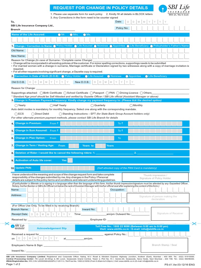 Request For Change in Policy Details Form English 120816 | PDF ...