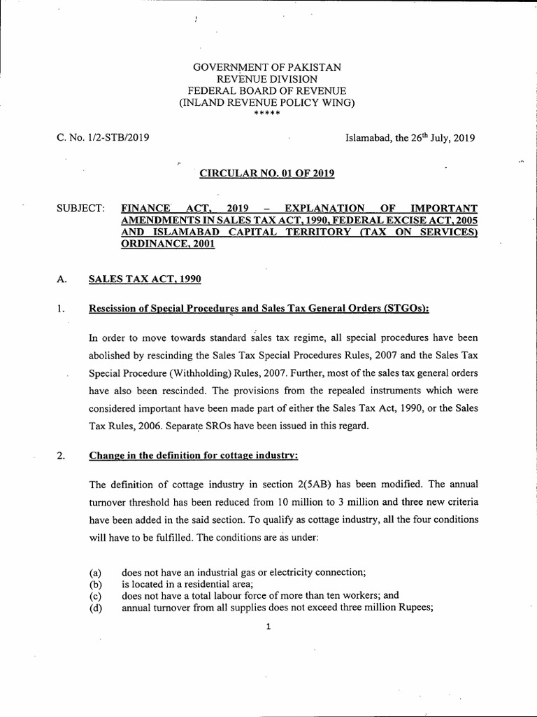 Circular No. 01 of 2019 - Explanatory Circular On Amendments in (ST, Fe ...