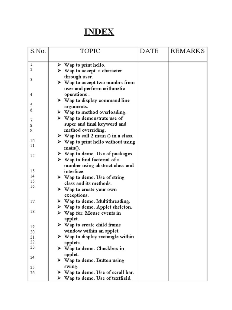Index: S.No. Topic Date Remarks | PDF | Programming | Constructor ...