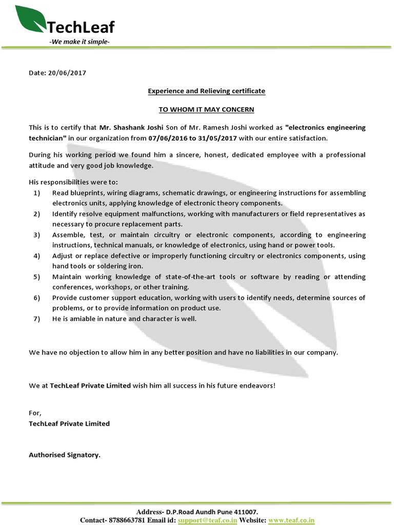 Techleaf: Experience and Relieving Certificate To Whom It May Concern | PDF