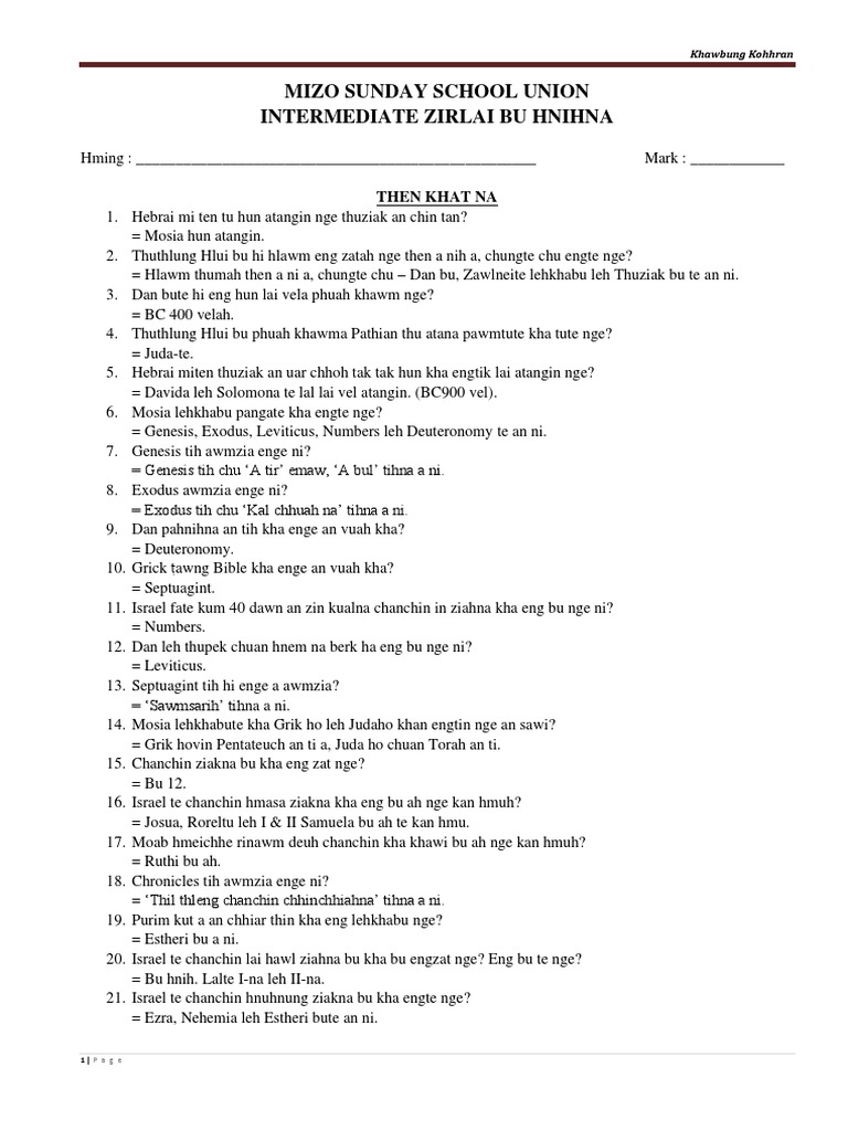 The Intermediate Sunday School Lesson of the Mizo Sunday School Union ...