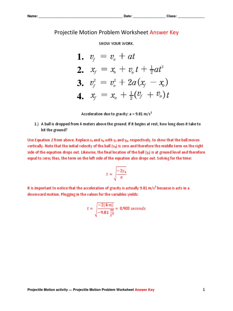 Projectile Motion Problem Worksheet: Answer Key | PDF | Force | Physics