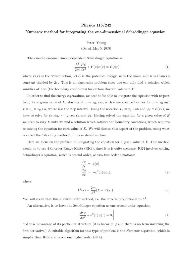 Numerov Method For Integrating The One-Dimensional Schrodinger Equation ...