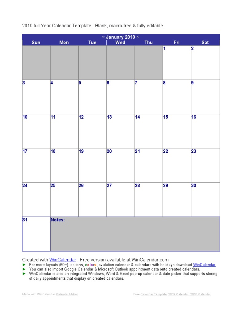 2010 Monthly Calendar | PDF