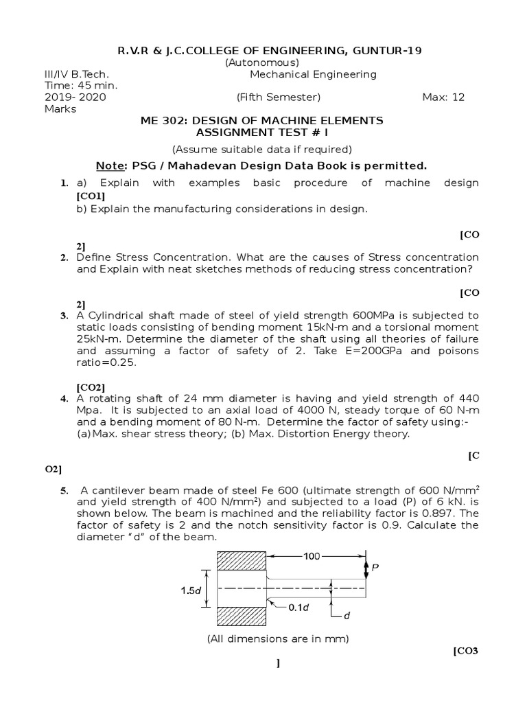 ME302 Assignment Test-1 2019-20 | PDF | Strength Of Materials | Bending