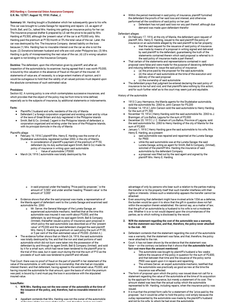 Harding v. Commercial Union Assurance Company | PDF | Insurance Policy ...