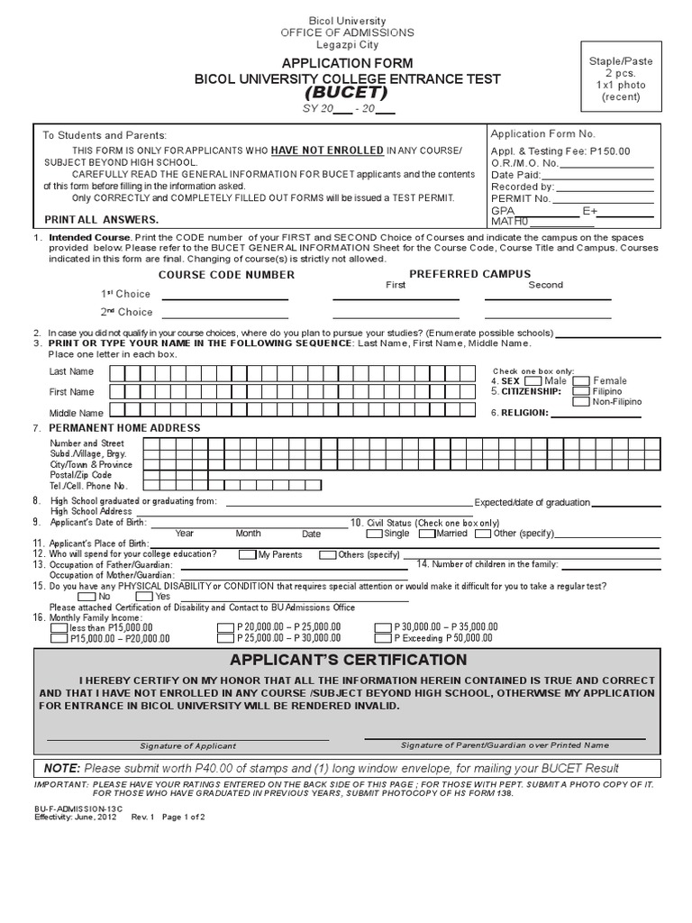 (Bucet) : Application Form Bicol University College Entrance Test | PDF ...