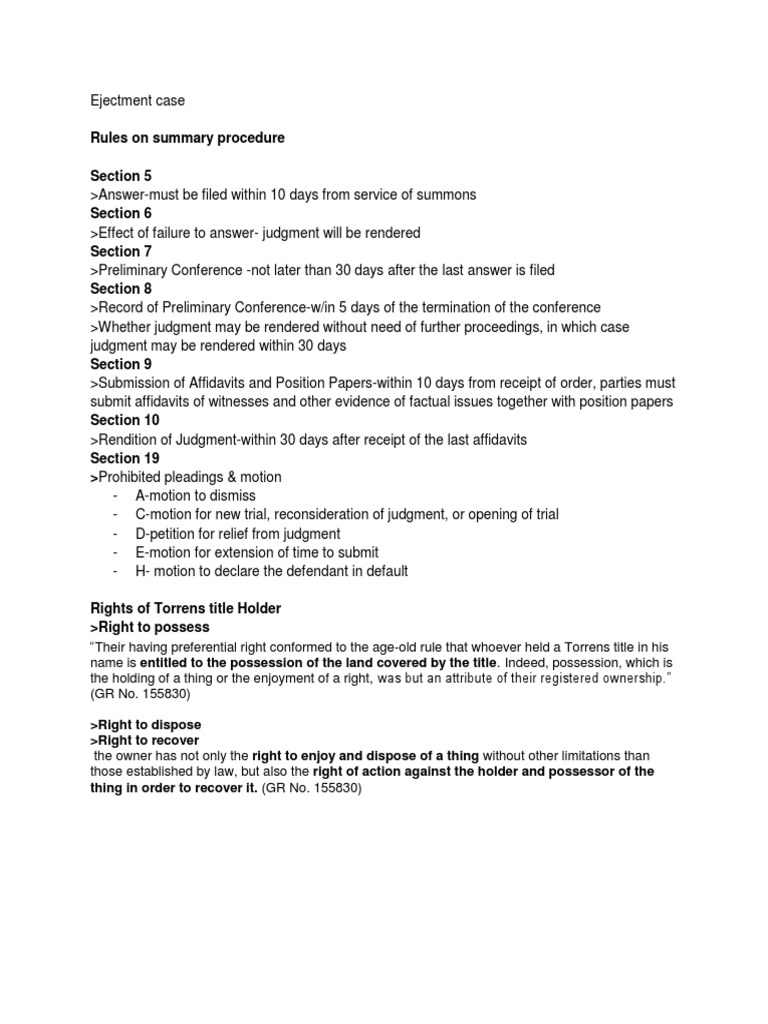 Ejectment case rules summary procedure | PDF