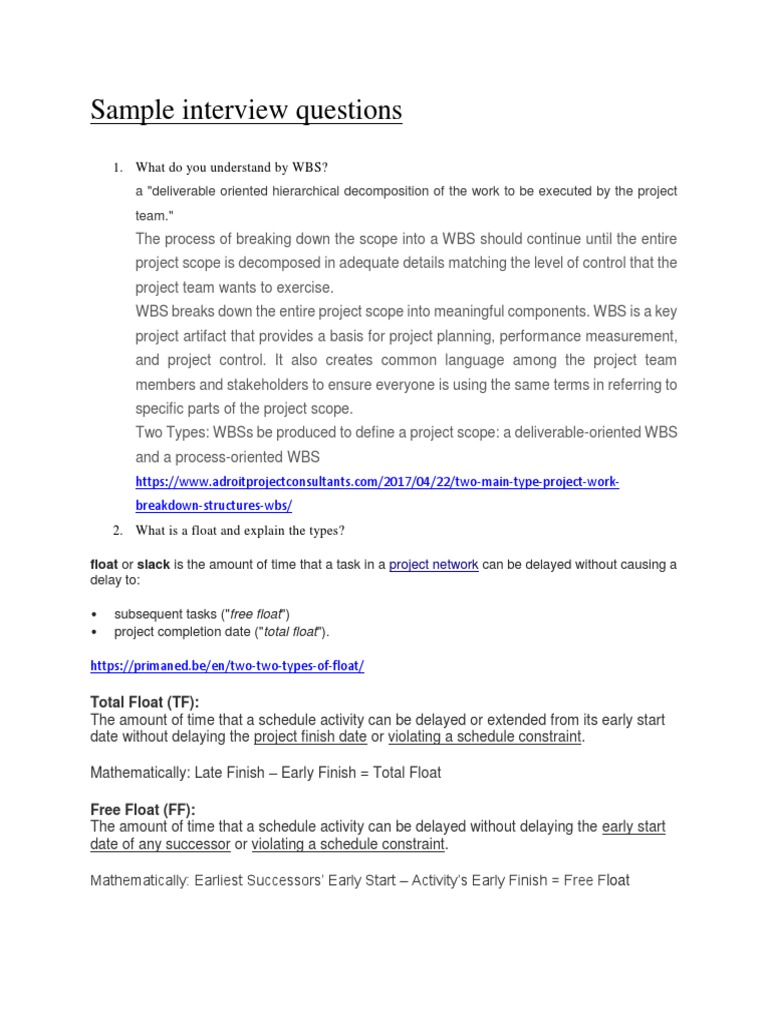 Sample Interview Questions | PDF | Project Management | Risk