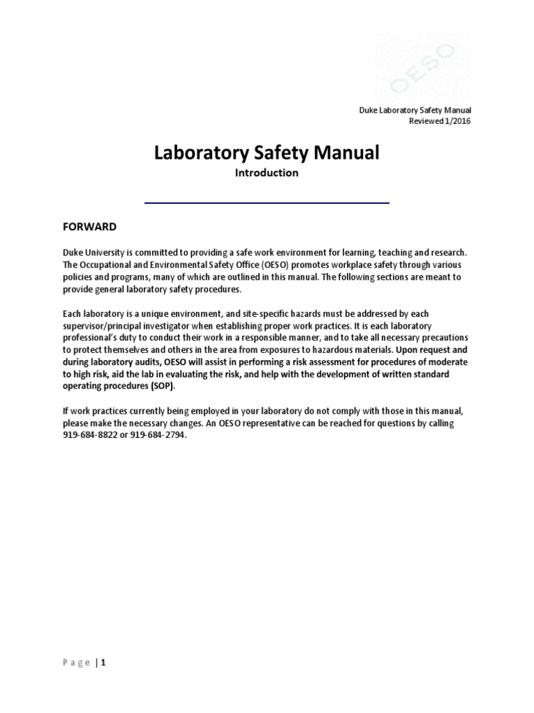 Duke Laboratory Safety Manual Reviewed 1/2016 | PDF | Laboratories ...
