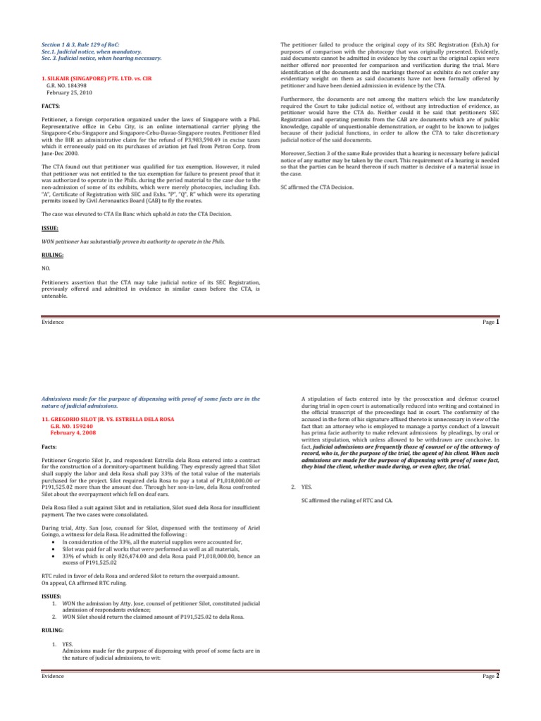 Evidence Case Digests | PDF | Judicial Notice | Parol Evidence Rule