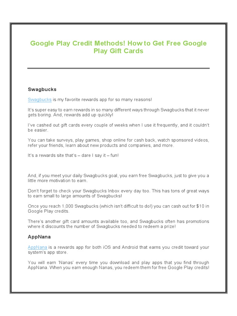 Free Google Play Gift Card Methods | PDF | Google Play | Gift Card