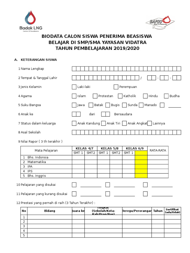 Form Biodata Siswa BAFCO | PDF