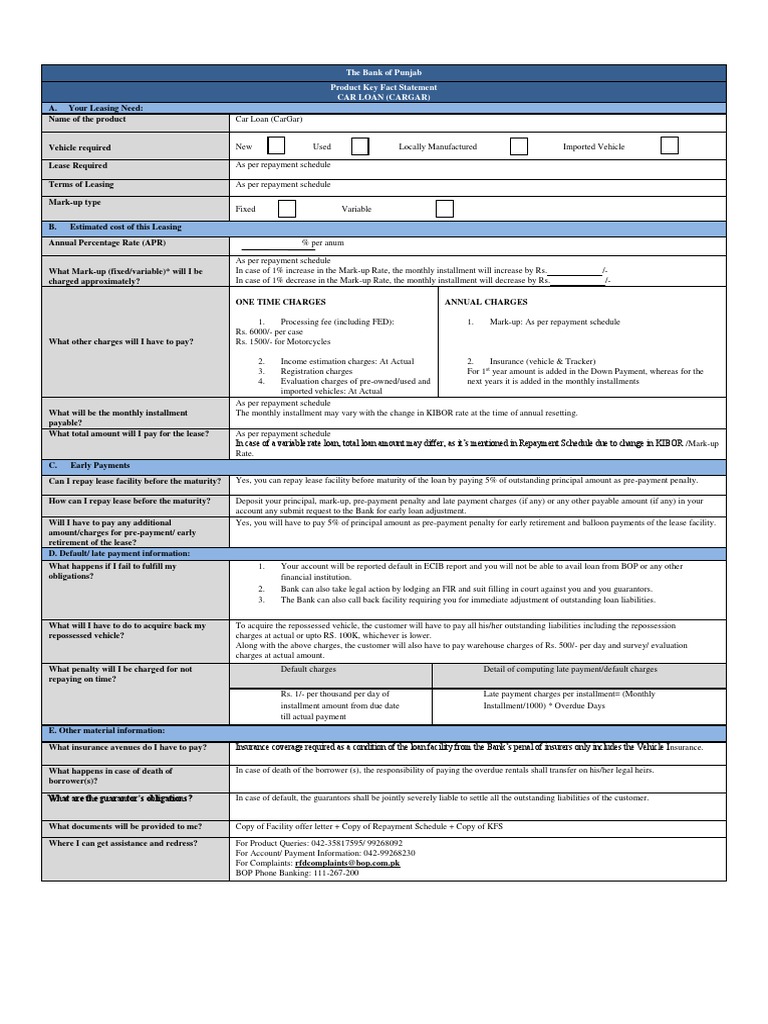 The Bank of Punjab Product Key Fact Statement Car Loan (Cargar) | PDF | Annual Percentage Rate ...