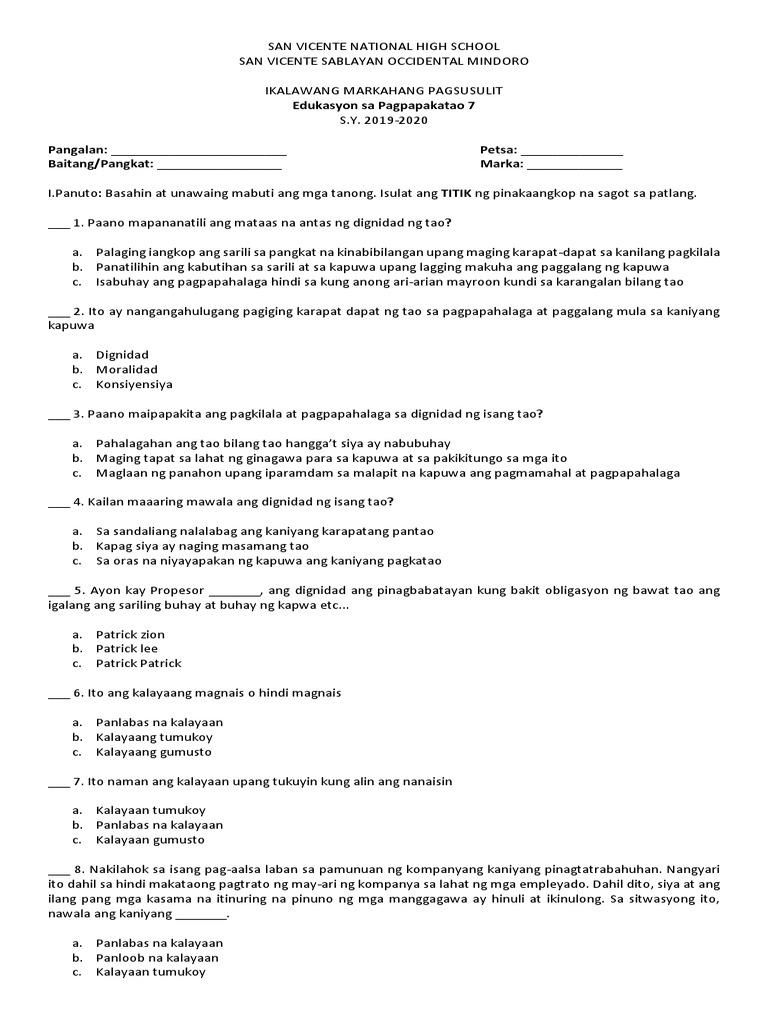 2nd Periodical Exam Values | PDF