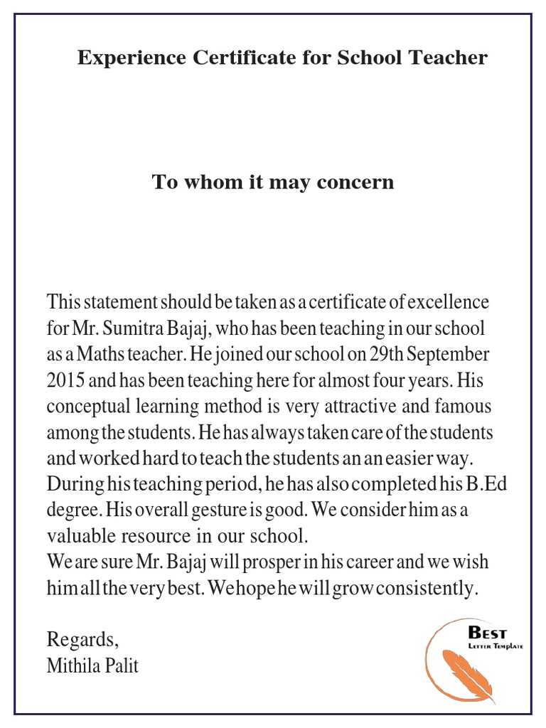 Experience Certificate For School Teacher | PDF