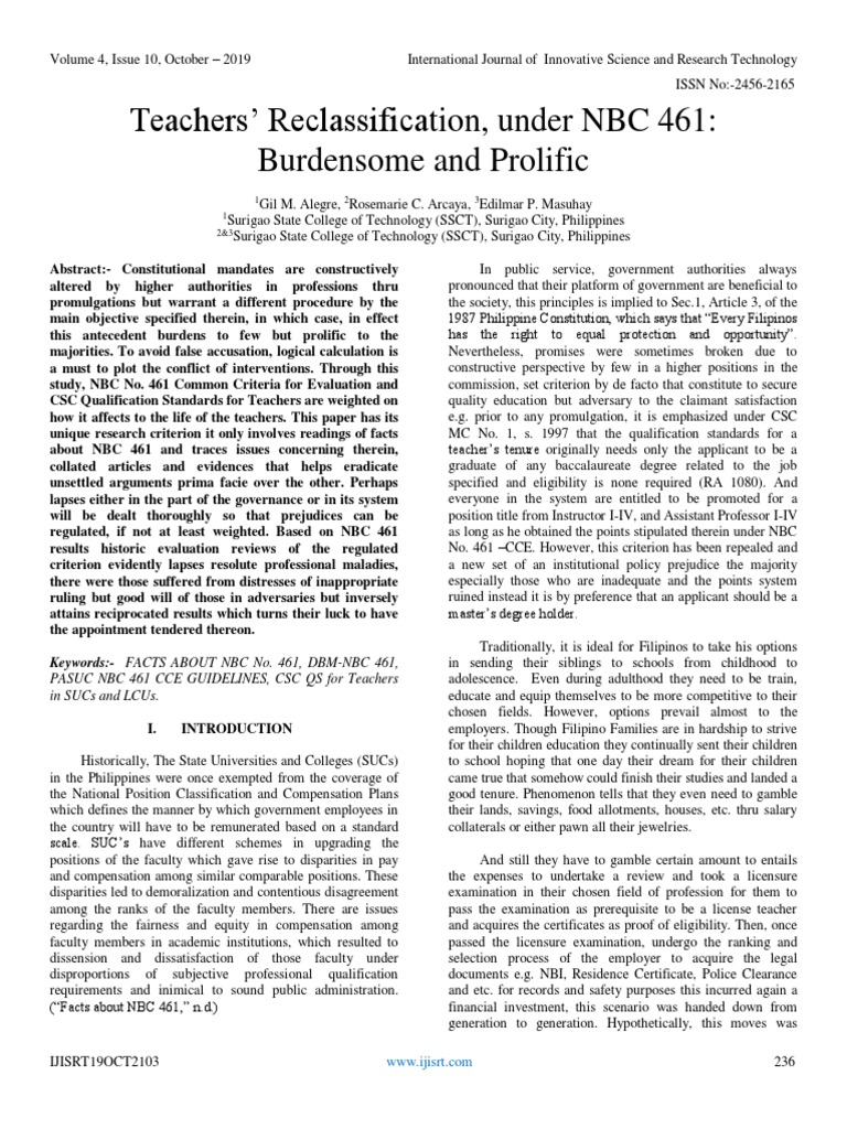 Teachers' Reclassification, Under NBC 461: Burdensome and Prolific ...