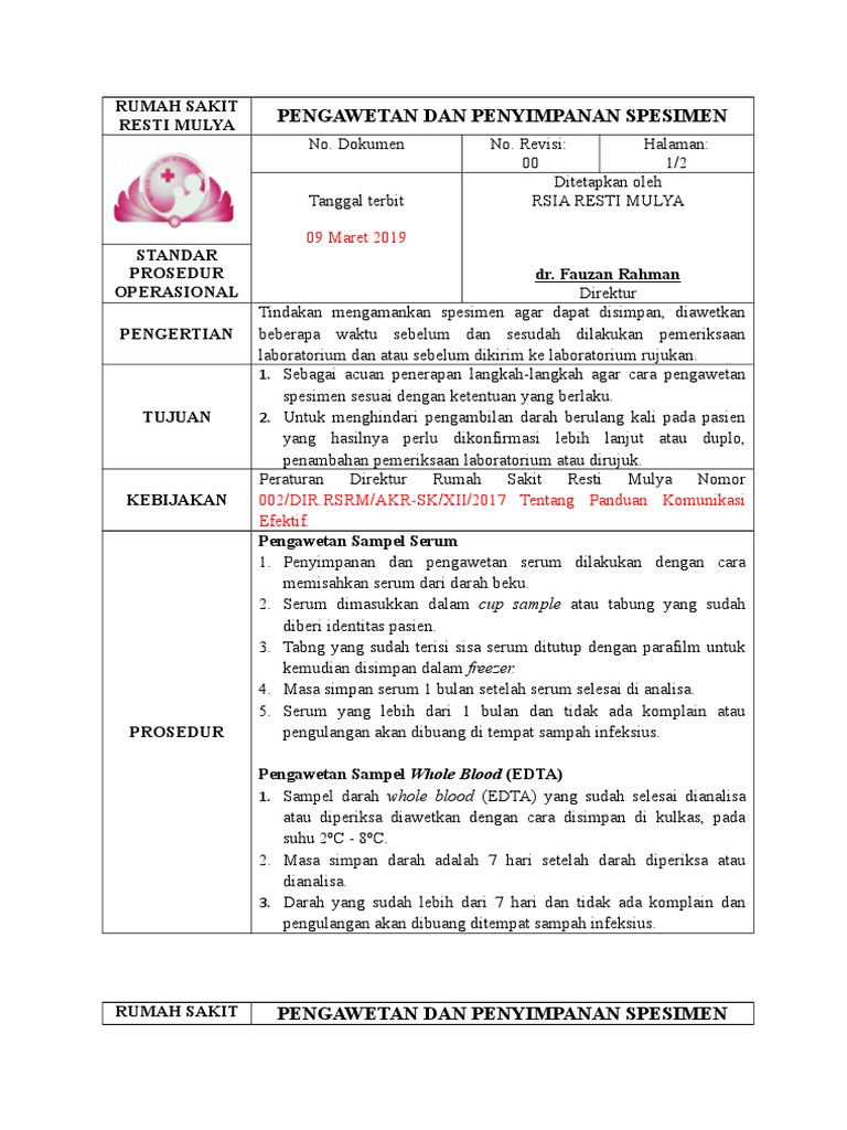 000 - LAB - SPO Pengawetan Dan Penyimpanan Spesimen | PDF