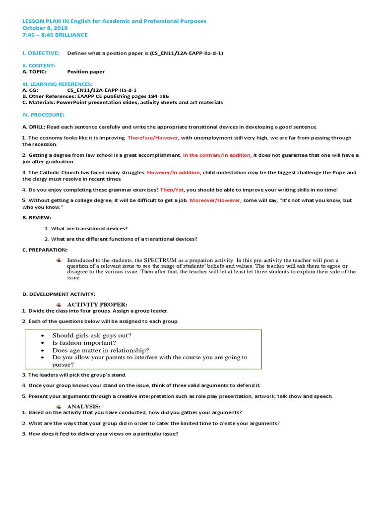 Define A Position Paper Lesson Plan | PDF | Educational Assessment ...