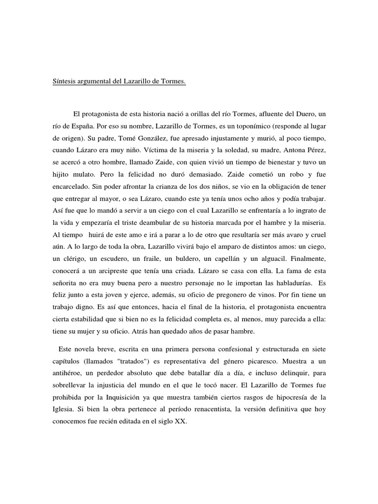Síntesis del Lazarillo de Tormes | PDF | Clásicos