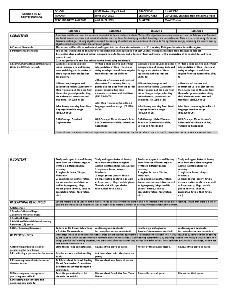 I.Objectives: Grades 1 To 12 Daily Lesson Log School Grade Level ...