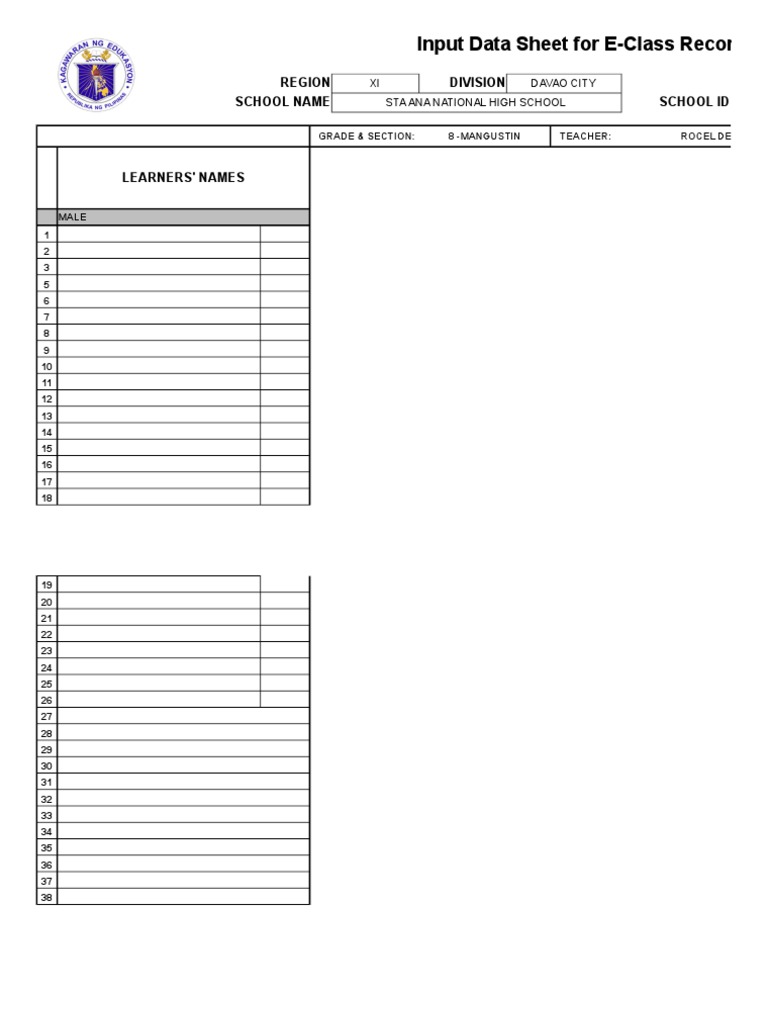 Input Data Sheet For E-Class Record: Region Division School Name School Id | PDF | Learning