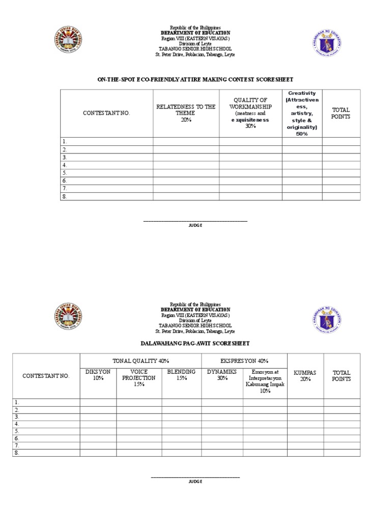 Score Sheet Buwan NG Wika Singing Contest | PDF