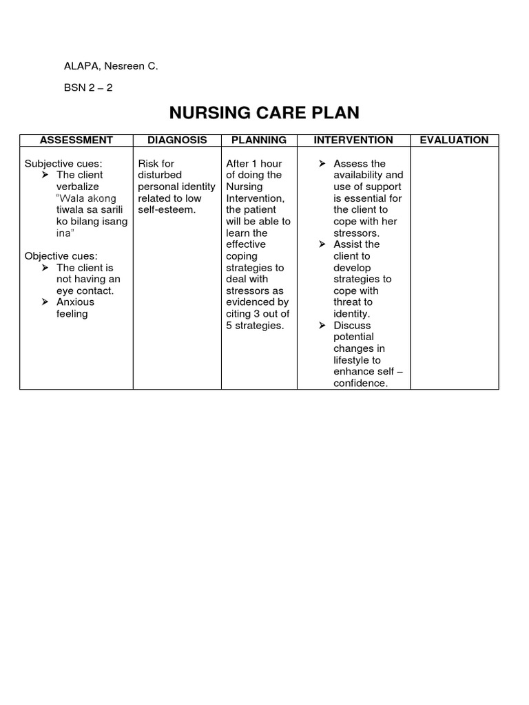 Nursing Care Plan: Assessment Diagnosis Planning Intervention Evaluation