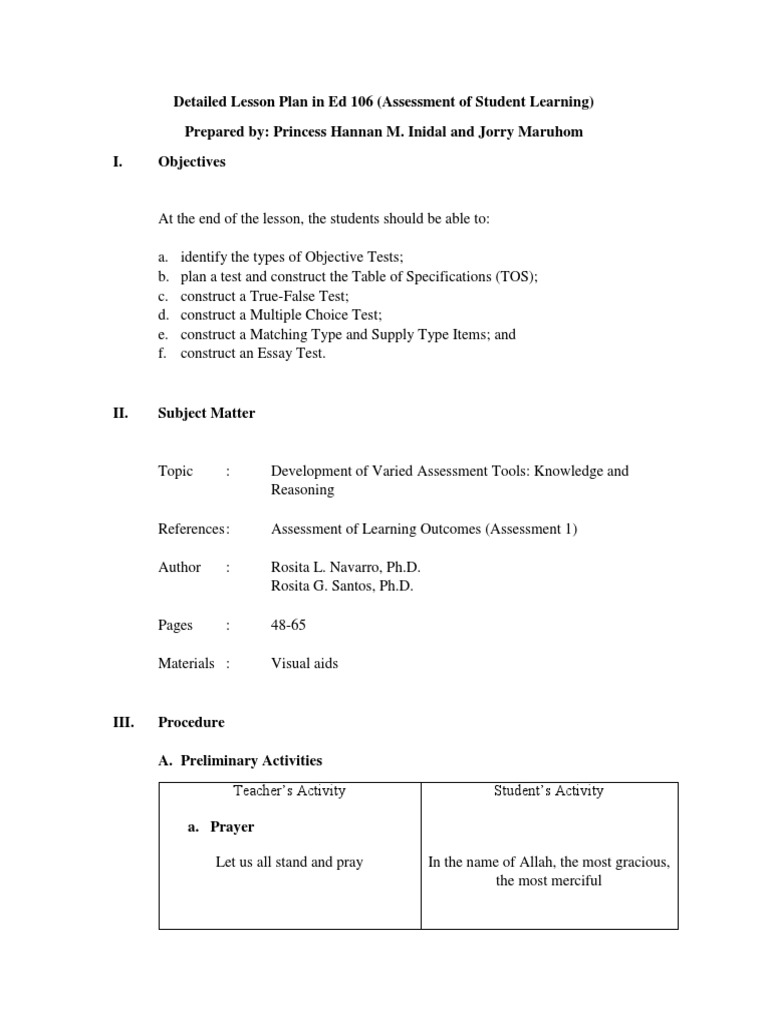 Detailed Lesson Plan in Ed 106 | PDF | Test (Assessment) | Multiple Choice