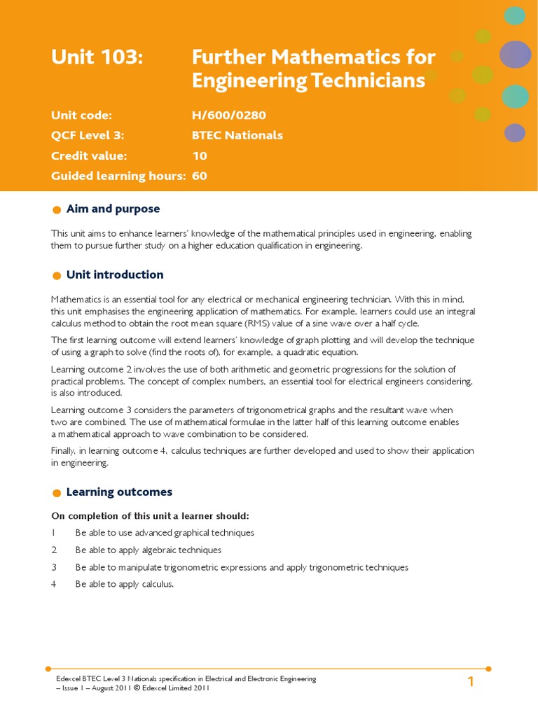 Unit 103 Further Mathematics For Engineering Technicians | Download ...