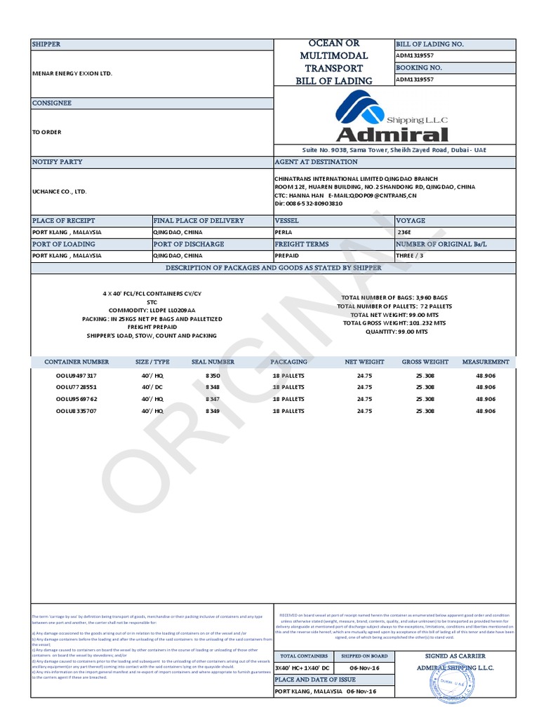 Original: Ocean or Multimodal Transport Bill of Lading | PDF | Cargo ...
