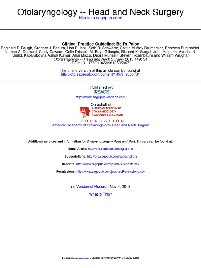 Otolaryngology - Head and Neck Surgery: Clinical Practice Guideline: Bell's Palsy | PDF ...