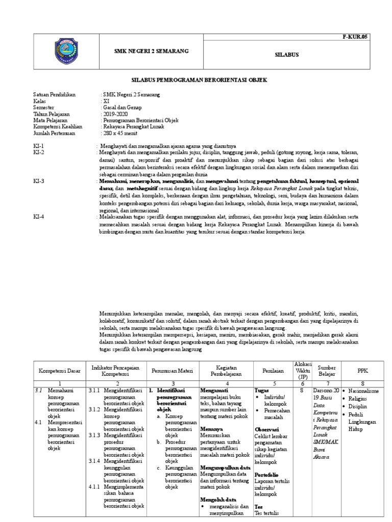 Silabus Pemrograman Berorientasi Objek | PDF