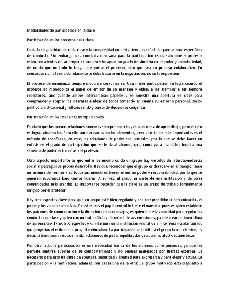 Modalidades de Participación en La Clase | PDF | Salón de clases ...