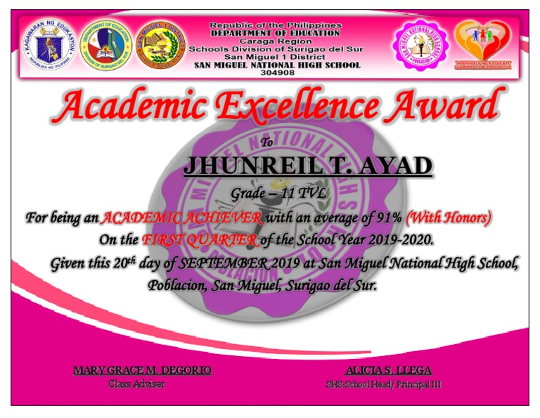 Certificate Academic Excellence Award 2019 | PDF