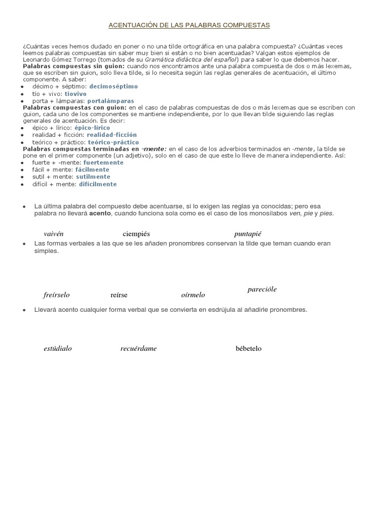 Acentuación de Las Palabras Compuestas | PDF | Gramática | Tipología ...