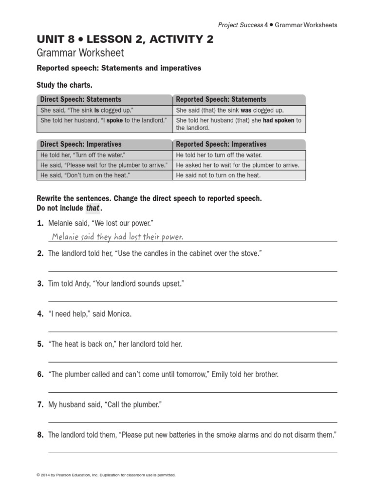 Unit 8, Lesson 2, Grammar Reported Speech Statements and Imperatives ...