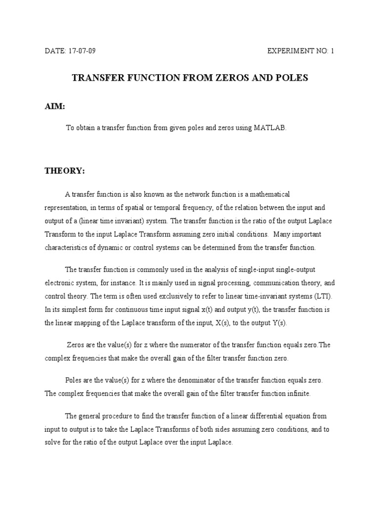 1.transfer Function From Zeros and Poles | PDF | Systems Theory ...