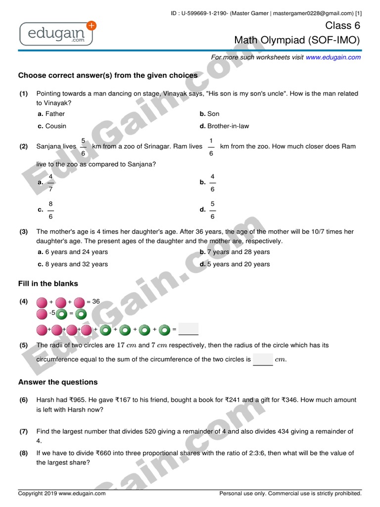 Imo Practise Paper For Class 6 | PDF | Teaching Mathematics