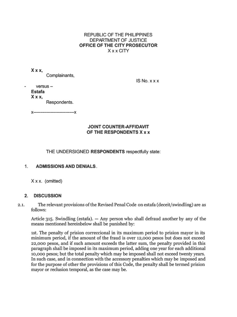 Counter Affidavit Sample Estafa | PDF | Conspiracy (Criminal) | Assault