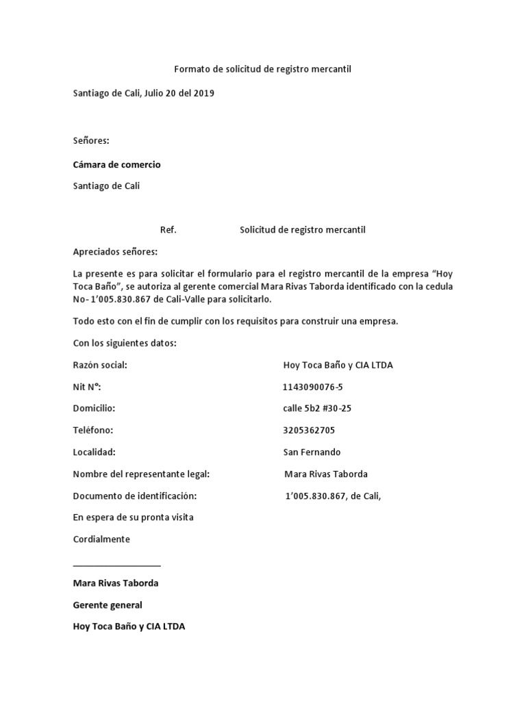 Formato de Solicitud de Registro Mercantil 2.0 | PDF
